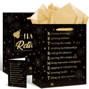 retirement gift bag happy retirement gift wrapping paper bag with tissue and funny retirement card black gold happy christmas retirement party decorations gifts for men women farewell party supplies