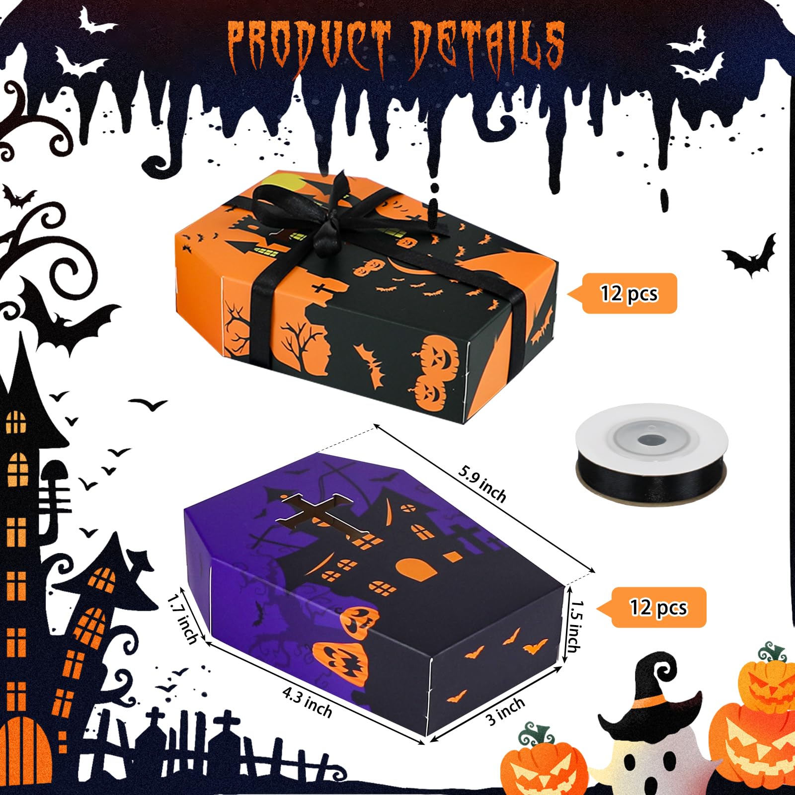 OPELETNNT 24 Pcs Halloween Trick or Treat Gift Boxes, Halloween Candy Cookie Goodie Boxs for Halloween Party Favor Supplies, Ghost Coffin Paper