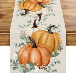 akteam thanksgiving table runner, fall orange colorful pumpkin autumn eucalyptus leaves table runners for kitchen dining coffee or indoor and outdoor home parties decor 13 x 72 inches