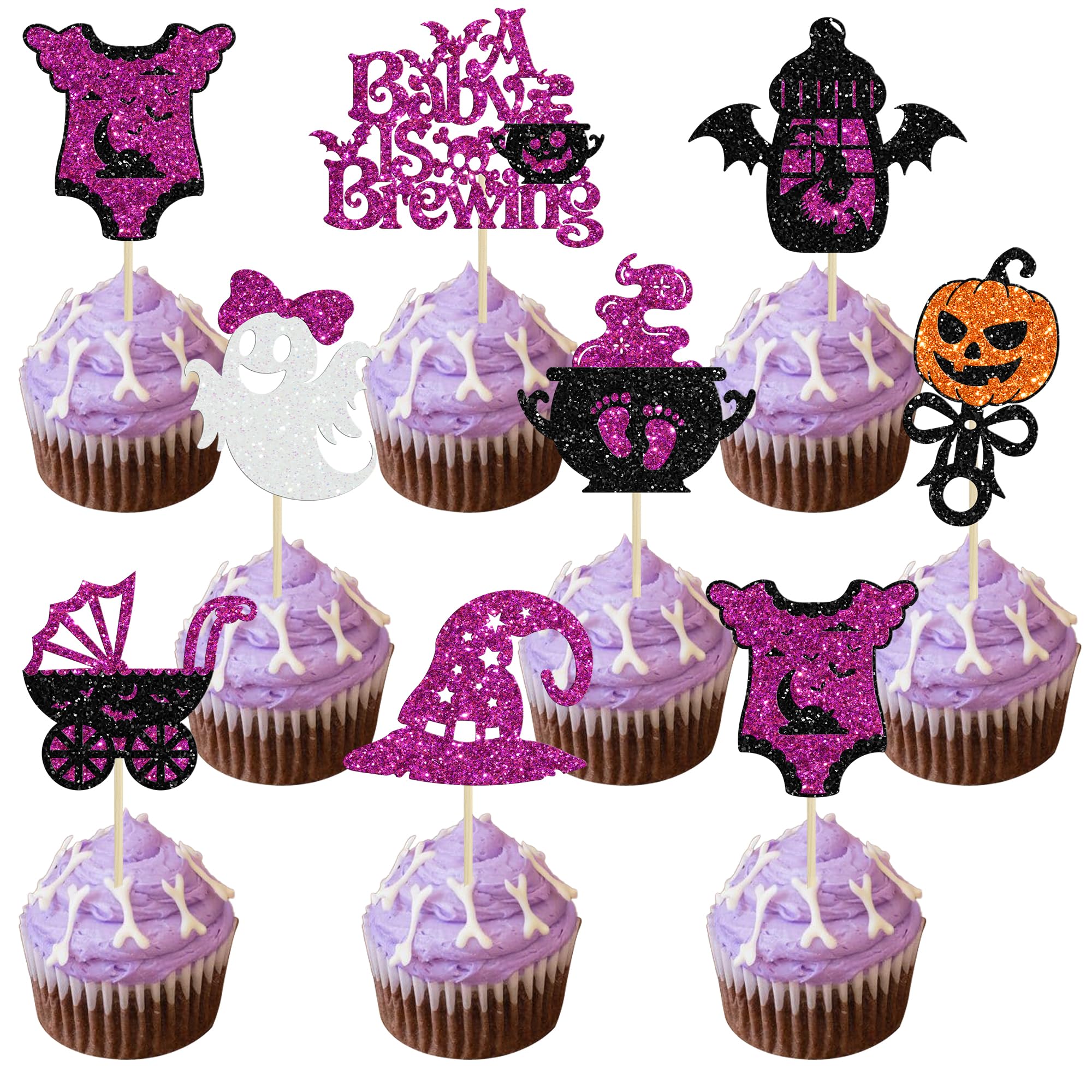 Gyufise 24Pcs Halloween Baby Shower Cupcake Toppers A Baby Is Brewing Cupcake Picks Witch Pregnant Women Halloween Gneder Reveal Cupcake Decorations Party Supplies Purple