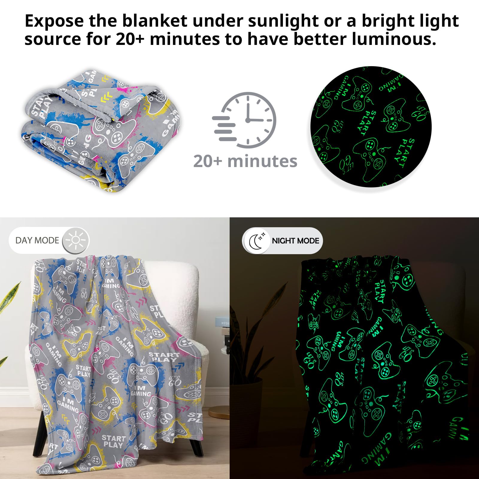 Gaming Gamer Glow in The Dark Blanket Boys Kids Teens Gifts for Birthday Halloween Christmas Gamepad Toddlers Age 1 2 3 4 5 6 7 8 9 10 11 12 13 Video Game Presents Fun Fluffy Plush Throw 50"x60"