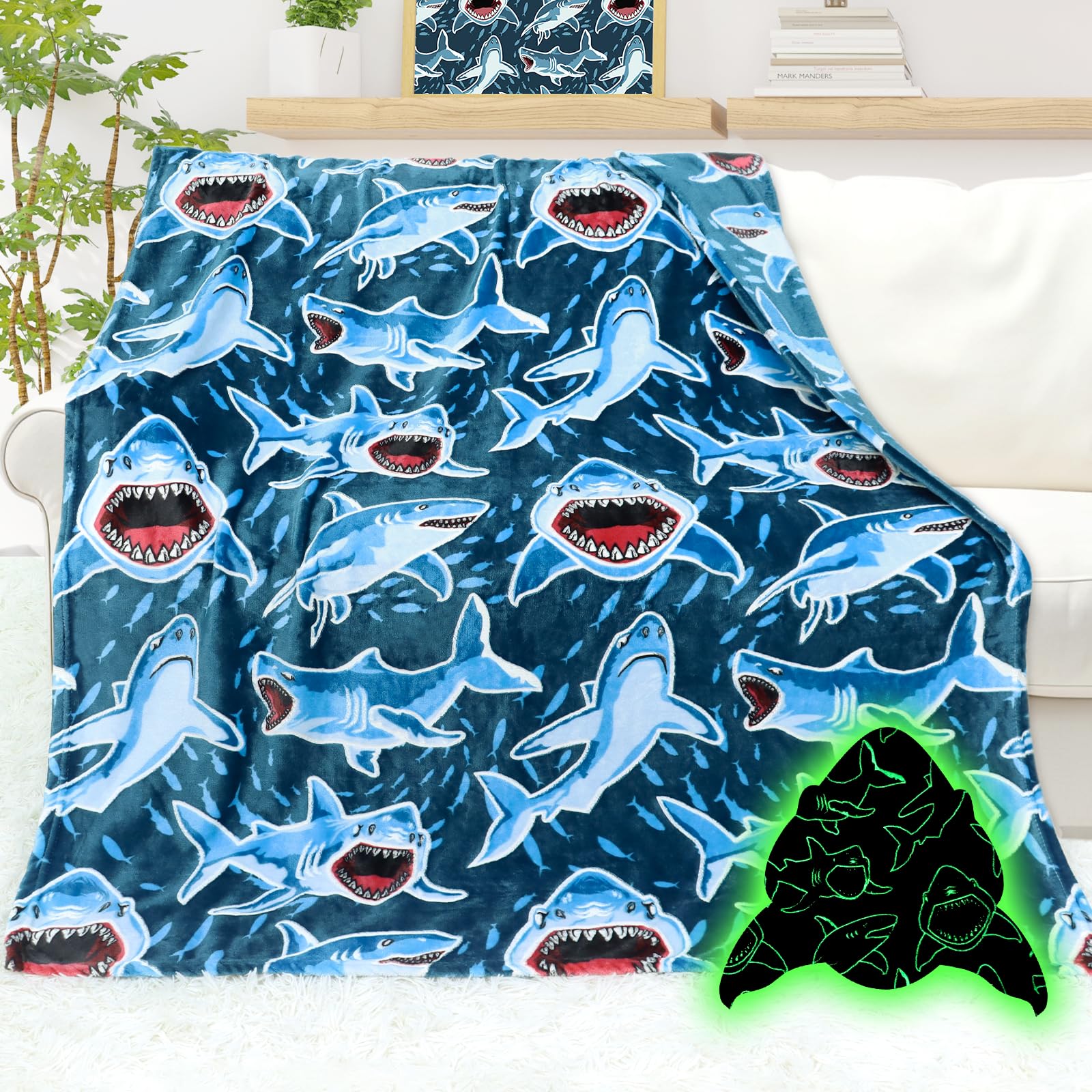 AISDE Shark Blanket Glow in The Dark Blanket for Boys Blue Throw Blanket Girls Whale Shark Blankets Kids Ocean Shark Decor Blankets 50"x60"