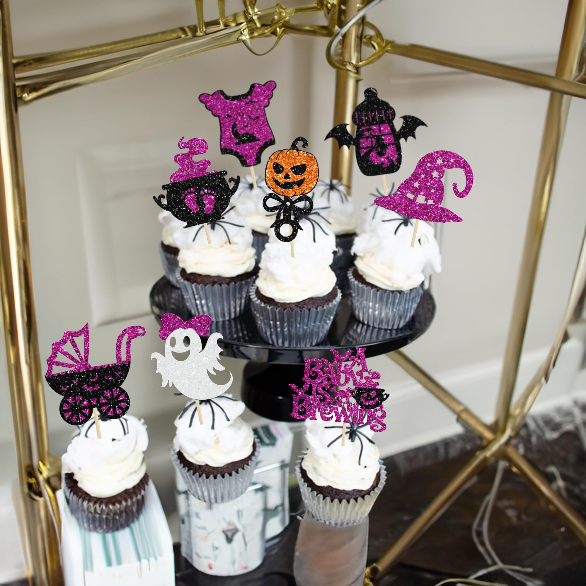 Gyufise 24Pcs Halloween Baby Shower Cupcake Toppers A Baby Is Brewing Cupcake Picks Witch Pregnant Women Halloween Gneder Reveal Cupcake Decorations Party Supplies Purple