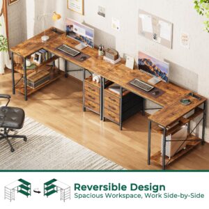 Huuger L Shaped Desk with Power Outlets, Computer Desk with 3 Drawers, 47 Inch Office Desk with Shelves, Gaming Desk, Corner Desk Work Desk for Home Office, Study, Rustic Brown