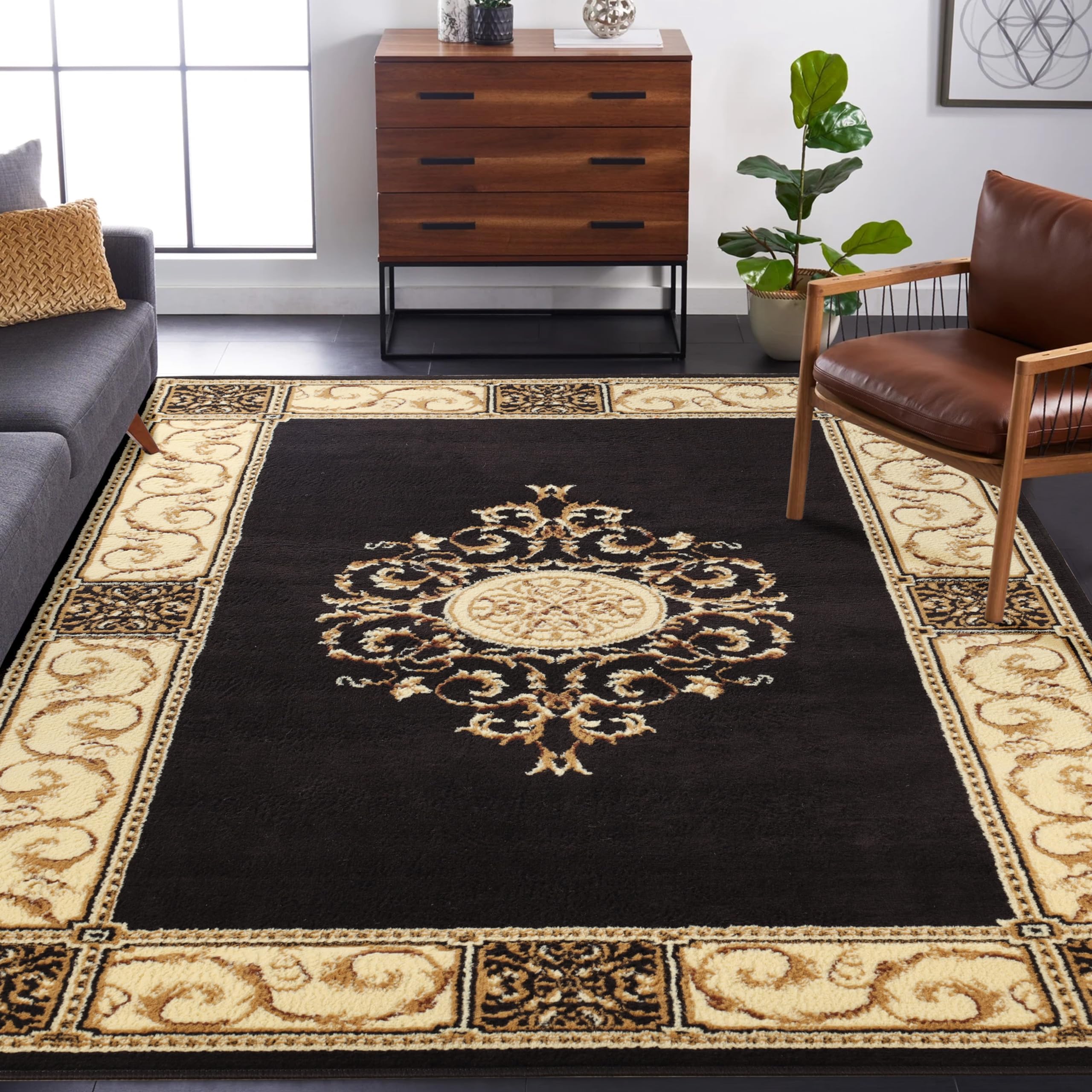 Superior Indoor Area Rug, Jute Backing, Plush Floral Rugs for Entryway, Living Room, Kitchen Floors, Bedroom, Office Floor Cover, Medallion Rugs, Elegant Medallion Collection, 4' x 6', Coffee