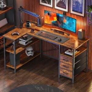 Huuger L Shaped Desk with Power Outlets, Computer Desk with 3 Drawers, 47 Inch Office Desk with Shelves, Gaming Desk, Corner Desk Work Desk for Home Office, Study, Rustic Brown