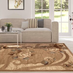 Superior Indoor Area Rug, Jute Backing, Plush Modern Farmhouse Rug for Entryway, Living Room, Kitchen Floors, Bedroom, Office Floor Cover, Soft Floral Scroll Rugs, Rinceau Collection, 5' x 8', Taupe