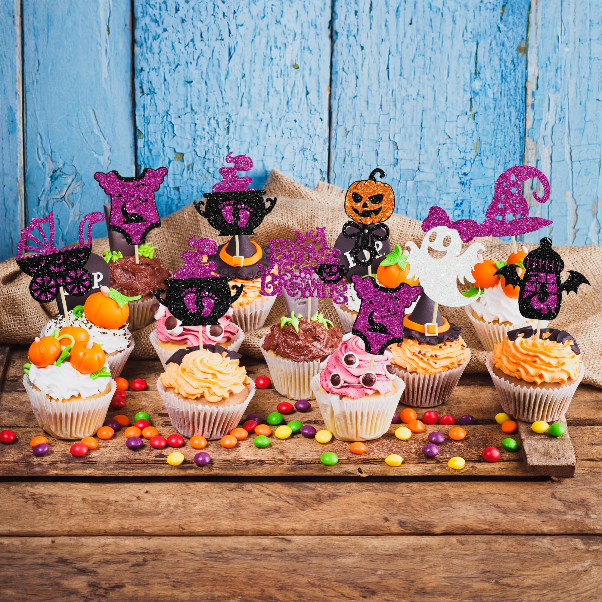 Gyufise 24Pcs Halloween Baby Shower Cupcake Toppers A Baby Is Brewing Cupcake Picks Witch Pregnant Women Halloween Gneder Reveal Cupcake Decorations Party Supplies Purple