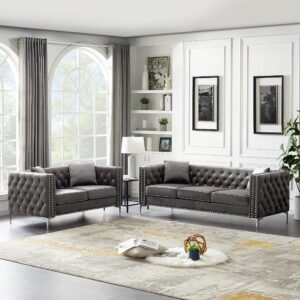 tzxtw modern velvet sofa set, 5 seater couch sofa with 2-seat loveseat and 3-seat sofa, convertible sectional sofa with jeweled buttons and 4 pillows, for living room,office,apartment,studio,grey