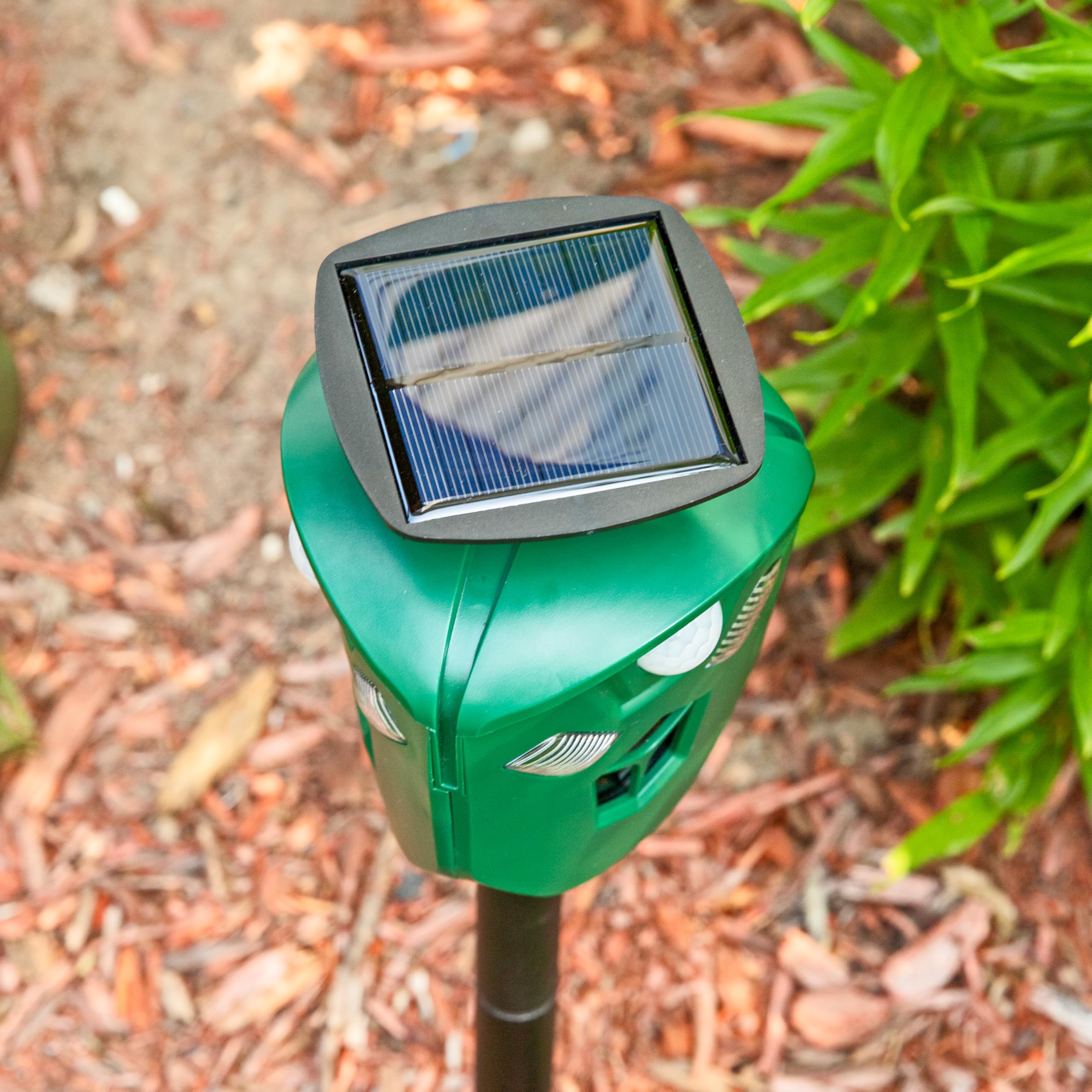 Sunnydaze 360° Solar-Powered Ultrasonic Animal Repeller with Mounting Pole - Solar Power or USB - 3 PIR Motion Sensors