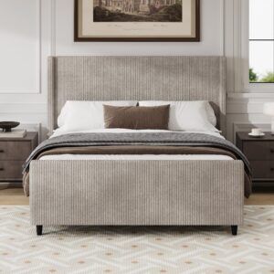 julyfox upholstered bed frame 50 in high headboard, queen size taupe color tufted platform bed with corduroy soft headboard footboard wood slats no box spring need (taupe, queen)