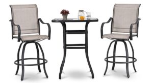 artloft 3 piece patio bar set outdoor high top table and chairs 360° swivel chairs tall patio table with tempered glass top outdoor bistro furniture for porch, yard, garden, balcony, deck (grey)