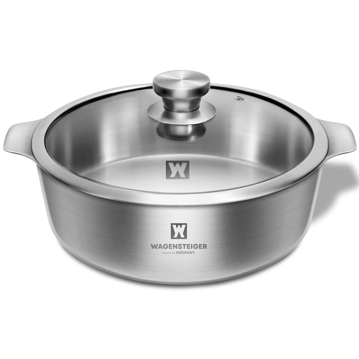 WAGENSTEIGER 4.18Quarts Stainless Steel Sauté pan Casserole Pot with Tempered Glass Lid, Stock Pot, 3-Ply Construction with Aluminum Core, Stylish Design, Brushed Finish