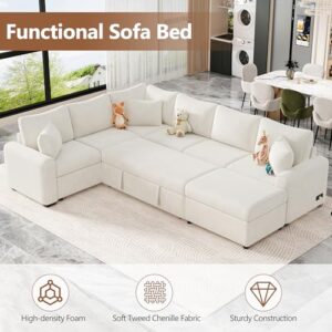 Merax 112.2" Sectional Pull-Out Sofa Bed Couch Sleeper with a Storage Ottoman,3 Pillows and Charging Devices for Living Room