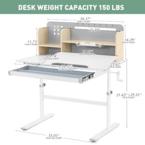 COSVALVE 39in Wide Adjustable Height Kids Desk with Tilting Desktop, Steel Frame, Drawer, and Bookshelf Hutch, Study Child Table for Ages 3-12, Grey