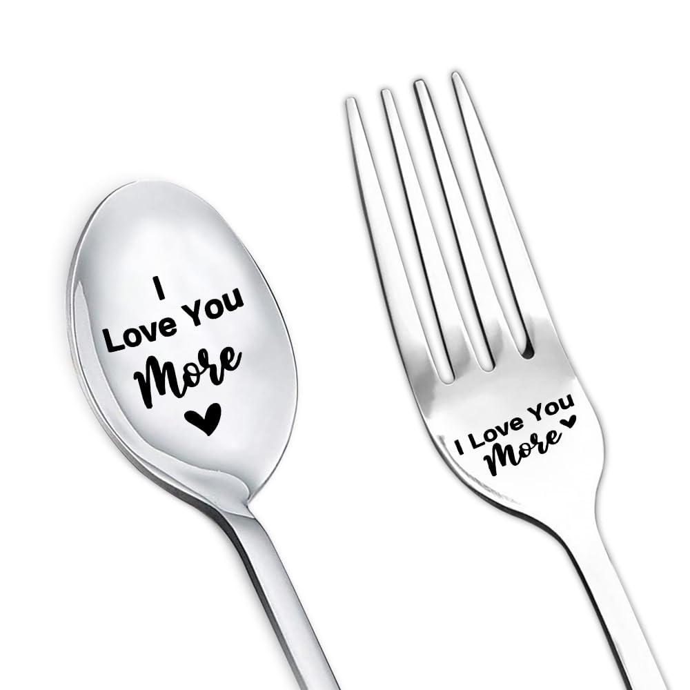 I Love You More Spoon Fork for Him Her Couple Gifts for Boyfriend Girlfriend Anniversary Birthday Gifts for Wife Husband Dinner Dessert Forks Christmas Xmas Gifts for Mom Dad Ice Cream Spoons