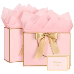 jmanni gift bags, small gift bags, 2pcs paper gift bag with 4 tissue paper and 2 greeting cards, present bags with handles for women girls bridesmaid birthday valentines wedding party (pink-golden)