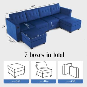 ohllob 6 Seat Modular Sectional Sofa with Storage & USB Ports, 108" Velvet Couches for Living Room, U Shaped Sofa Bed Couch, Blue