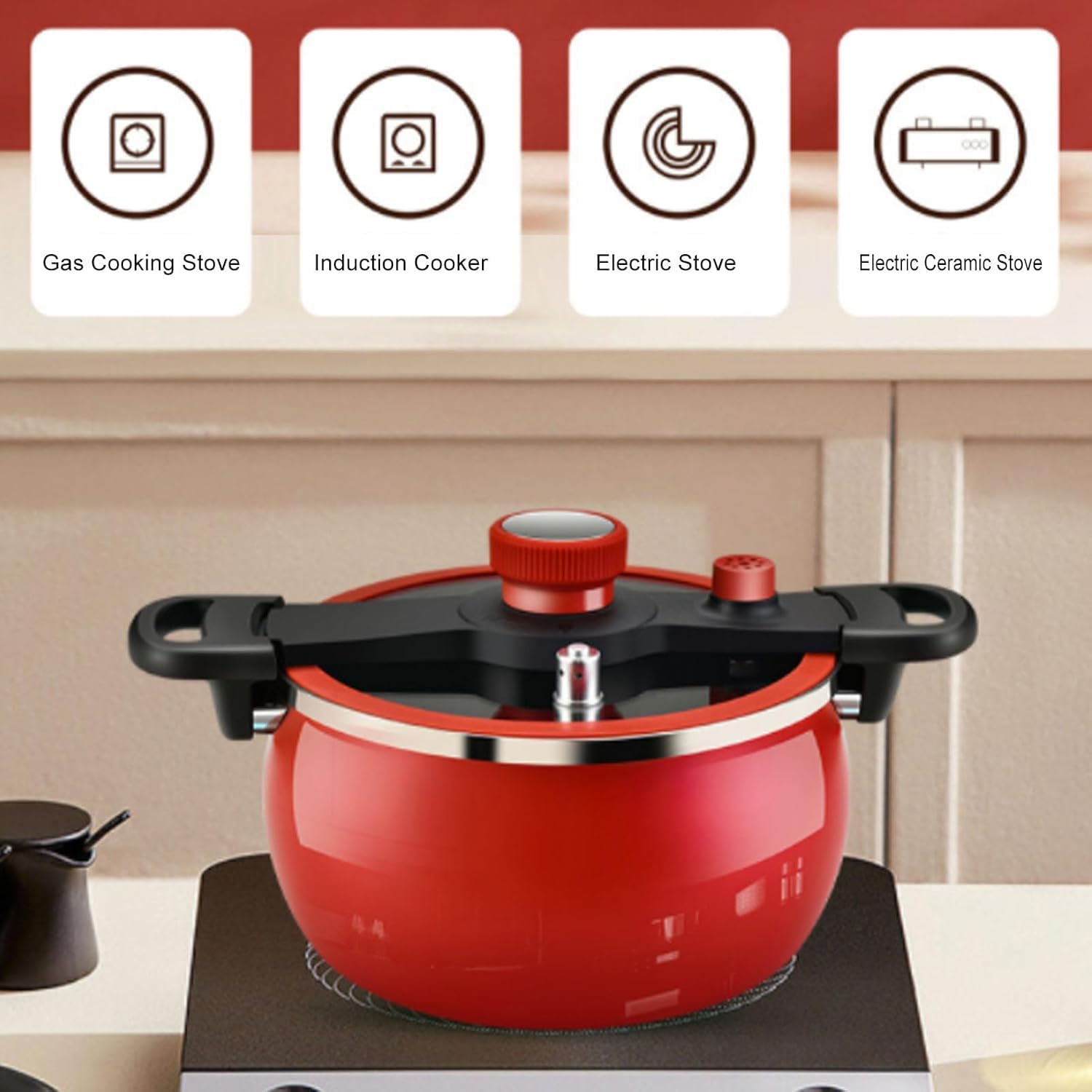 7L Pressure Cooking Pot Anti Stick Heat Resistant Pressure Cooker Binaural Clip Quick Cooking Pot with Visual Pot Lid for Induction, Gas Stove, Electric Stove (Red)