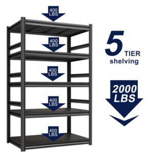 Sajanic Adjustable Storage Shelves, 5 Tier Boltless Garage Shelving with Guardrails, 2000LBS Metal Heavy Duty Shelving, 16" D x 32" W x 72" H Industrial Storage Shelves