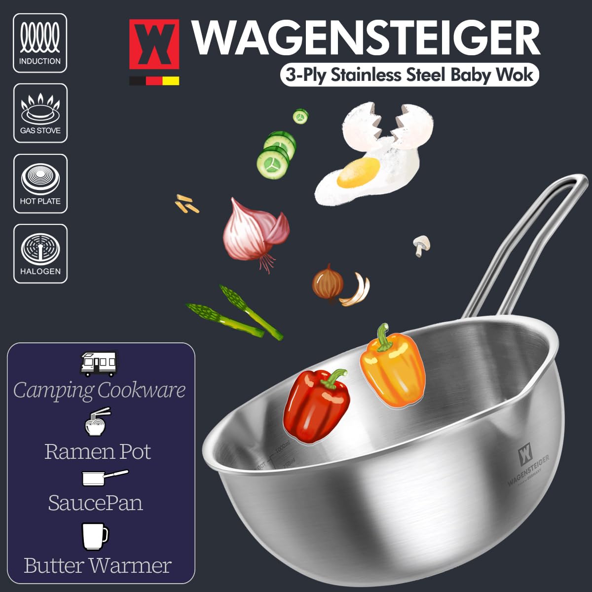 WAGENSTEIGER Stainless Steel Baby Wok 200mm / 7.87inches, 3-Ply Base with Aluminum Core, All Cooktops, Multipurpose Saucepan, Ramen Pot, On-the-go Cooking Pot for Outdoor or Camping