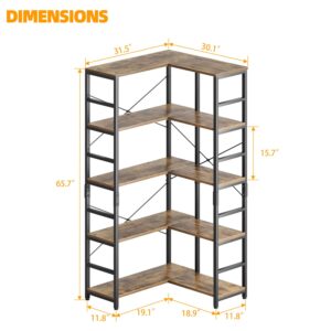 APPOLYN Corner Shelf, 5 Tiers Corner Bookshelf, Wood and Metal Bookcase Storage Shelf, Tall Corner Cabinet for Living Room, Bedroom, Home Office and Kitchen