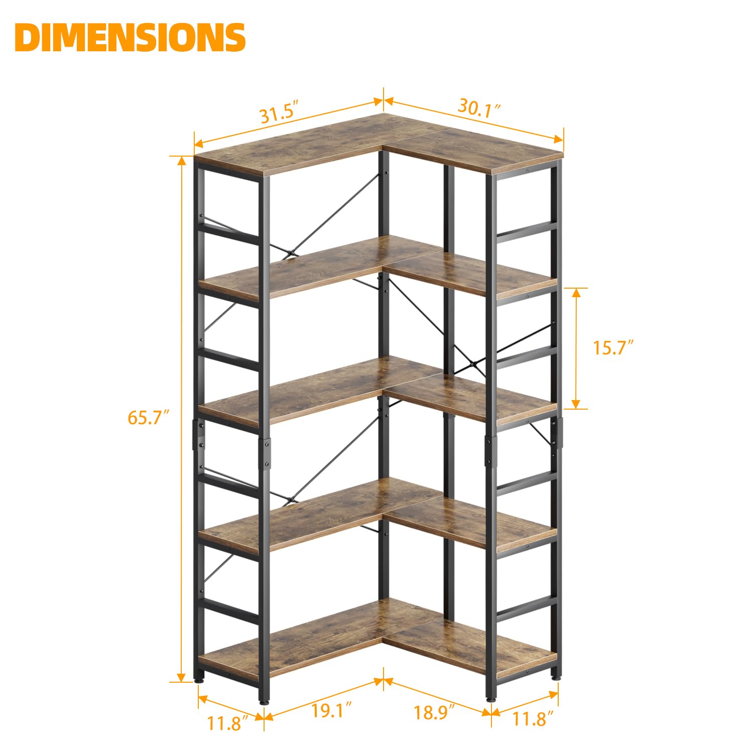 APPOLYN Corner Shelf, 5 Tiers Corner Bookshelf, Wood and Metal Bookcase Storage Shelf, Tall Corner Cabinet for Living Room, Bedroom, Home Office and Kitchen