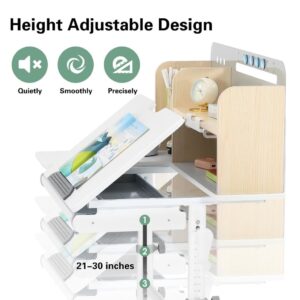 COSVALVE 39in Wide Adjustable Height Kids Desk with Tilting Desktop, Steel Frame, Drawer, and Bookshelf Hutch, Study Child Table for Ages 3-12, Grey