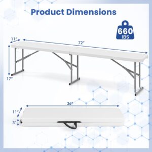 Tangkula 6 FT Plastic Folding Bench, Foldable Bench Seat with Carry Handle, Non-Slip Mat, Indoor & Outdoor HDPE Portable Outdoor Bench for Soccer Sports Picnic Camping, White