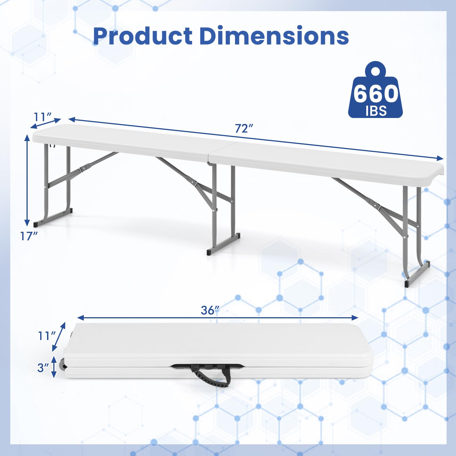 Tangkula 6 FT Plastic Folding Bench, Foldable Bench Seat with Carry Handle, Non-Slip Mat, Indoor & Outdoor HDPE Portable Outdoor Bench for Soccer Sports Picnic Camping, White