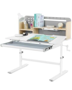 cosvalve 39in wide adjustable height kids desk with tilting desktop, steel frame, drawer, and bookshelf hutch, study child table for ages 3-12, grey