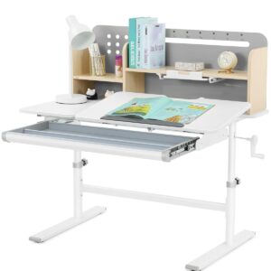 COSVALVE 39in Wide Adjustable Height Kids Desk with Tilting Desktop, Steel Frame, Drawer, and Bookshelf Hutch, Study Child Table for Ages 3-12, Grey