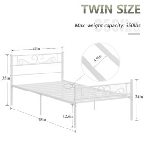 VECELO Twin Size Bed Frame with Headboard, 14 Inch Metal Platform Mattress Foundation, No Box Spring Needed, Easy Assembly, 2 PCS, White