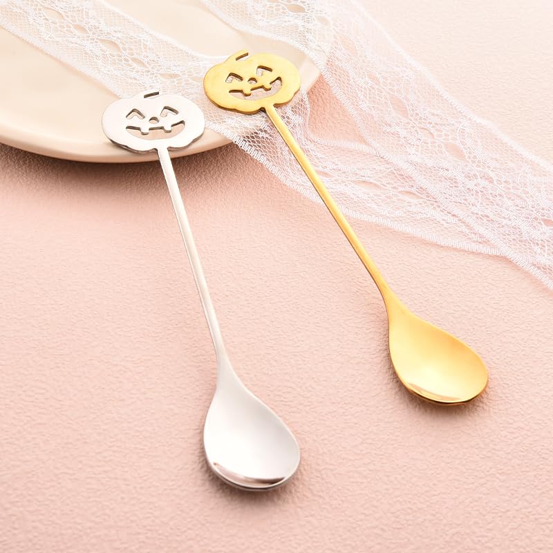 Halloween Pumpkin Spoons for Women Men Coffee Tea Spoon for Couples Bf Gf Husband Wife Anniversary Christmas Gift Halloween Party Prop Silver & Gold Sugar Dessert Spoon for 2