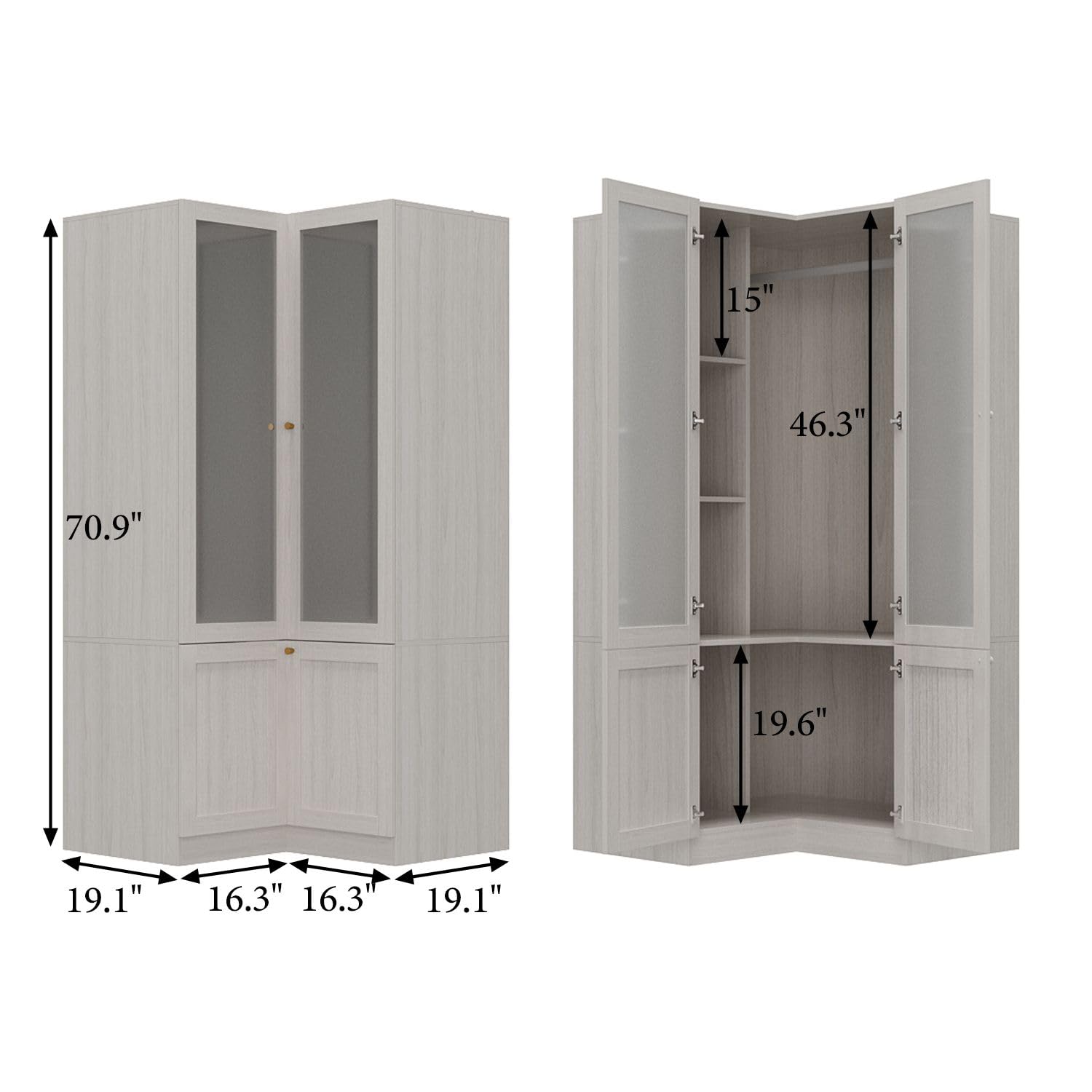 MOUMON Corner Wardrobe Closet with 2 Glass Doors, Armoire Wardrobe Closet with Hanging Rod, for Bedroom Wood Grain (16.3+19.1”W x 19.1+16.3”D x 70.9”H)