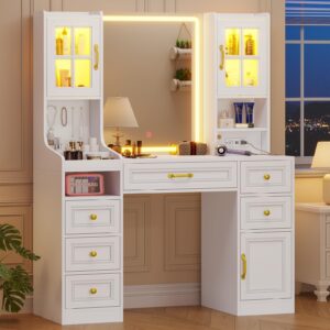 bthfst white vanity desk with touch screen mirror and lights, large makeup vanity with rgb light cabinets & charging station, 6 drawers, 5 jewelry hooks, vanity table with lighted mirror