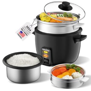 rice cooker, 2l rice cooker with food steamer, rice steamer with non-stick inner pot makes soups, stews, grains, cereals, keep warm feature (black)