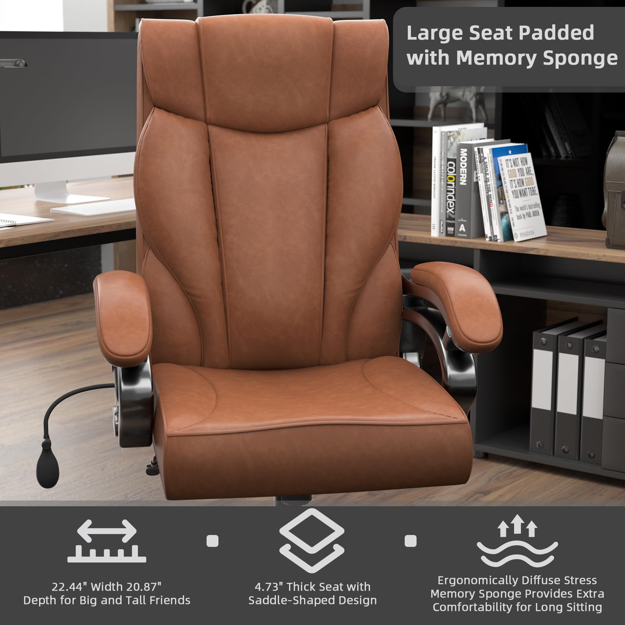 TAKSCO 500LBS Big and Tall Office Chair, Heavy Duty Leather Executive Office Computer Desk Chair with Wheels and Arms, Comfy X Wide Ergonomic High Back Office Desk Chair with Lumbar Support, Brown