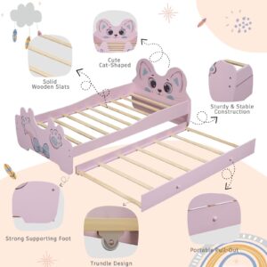 Merax Children Cat-Shaped Platform Bed with Trundle, Wooden Bedframe, No Box Spring Needed, Twin Size, Pink