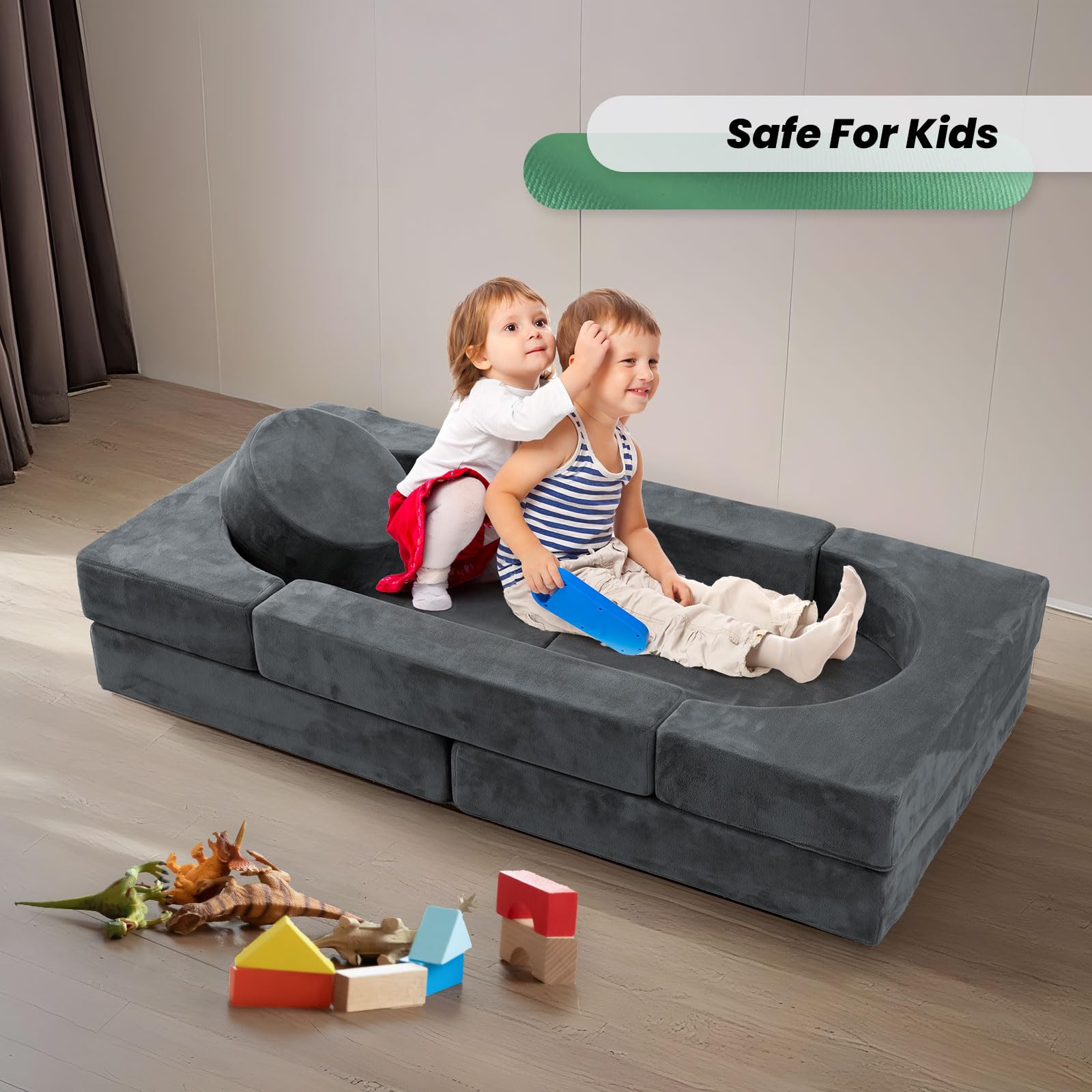 HOMFINE 16pcs Modular Kids Play Couch, Nugget Couch Kids Toddler Couch, Child Sectional Sofa, Versatile Kid Couch for Playroom Bedroom, Convertible Foam and Floor Cushion for Boys and Girls, Dark Grey