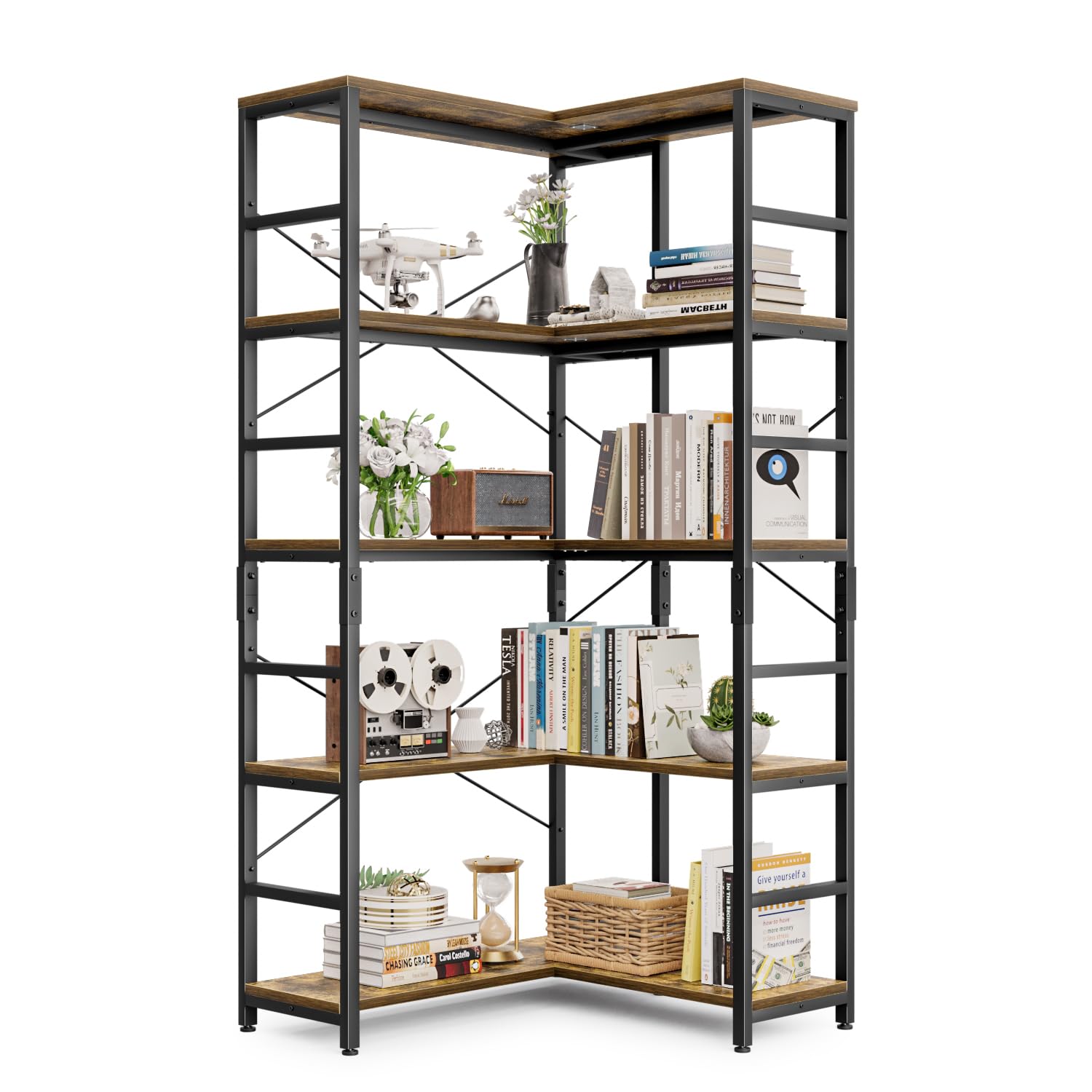 APPOLYN Corner Shelf, 5 Tiers Corner Bookshelf, Wood and Metal Bookcase Storage Shelf, Tall Corner Cabinet for Living Room, Bedroom, Home Office and Kitchen