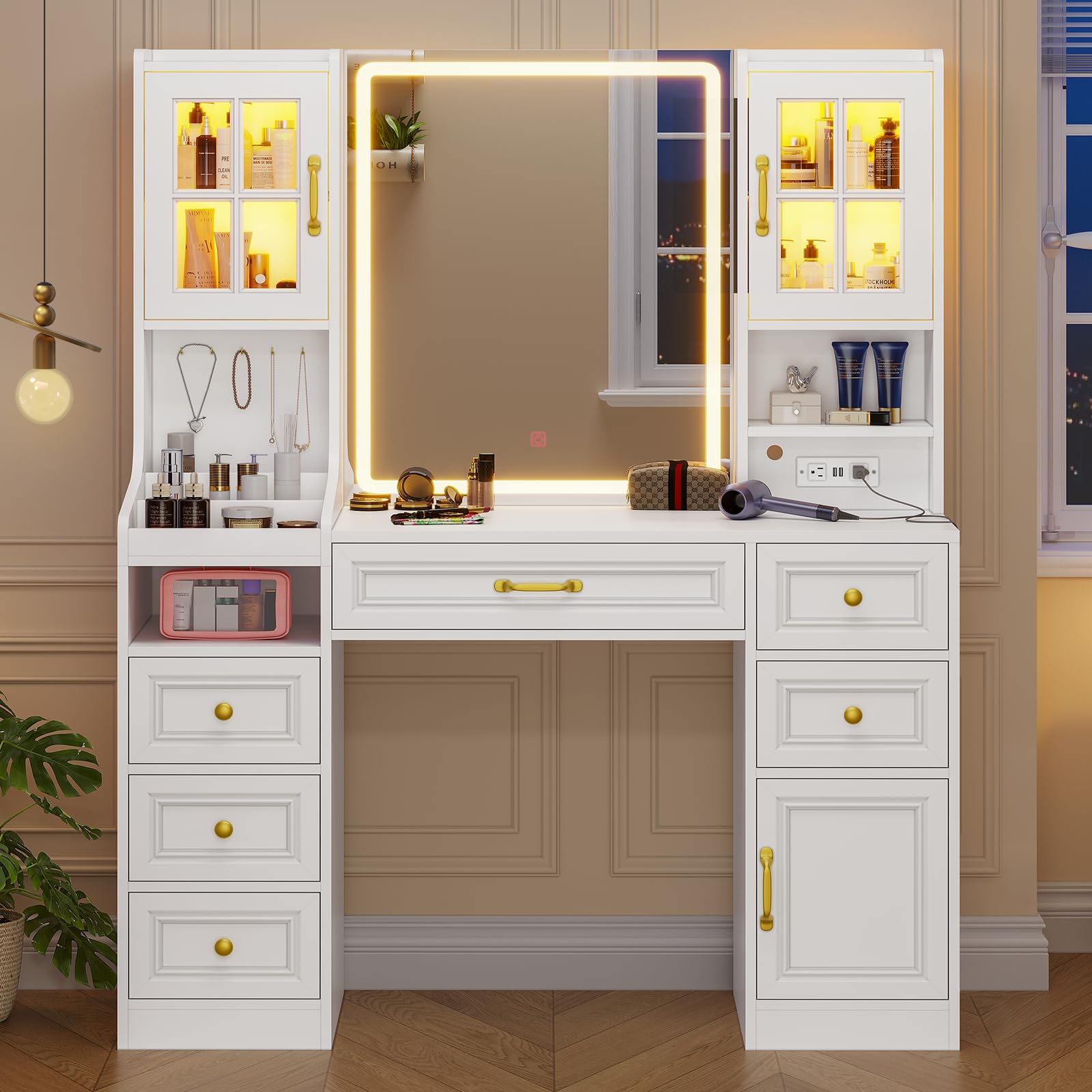 BTHFST White Vanity Desk with Touch Screen Mirror and Lights, Large Makeup Vanity with RGB Light Cabinets & Charging Station, 6 Drawers, 5 Jewelry Hooks, Vanity Table with Lighted Mirror