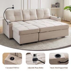 Bumblr Sleeper Sofa Couch with Pullout Bed for Living Room, Modular Sectional Sofa Bed with Storage Chaise, 3 Seater L Shape Couch with Cup Holders, USB Port and Phone Holder, Beige