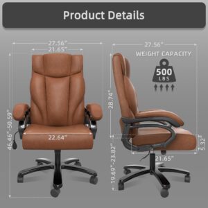 TAKSCO 500LBS Big and Tall Office Chair, Heavy Duty Leather Executive Office Computer Desk Chair with Wheels and Arms, Comfy X Wide Ergonomic High Back Office Desk Chair with Lumbar Support, Brown