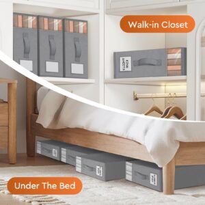 StorageTastic 4 Pack Bed Sheet Closet Organizers and Storage,Sturdy Foldable Storage Containers with Window and Label,Storage and Organization for Bedding Sheets,Duvet Covers,Blankets (Grey)