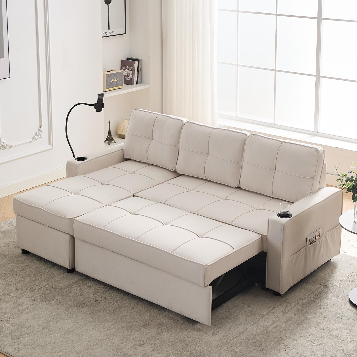 Bumblr Sleeper Sofa Couch with Pullout Bed for Living Room, Modular Sectional Sofa Bed with Storage Chaise, 3 Seater L Shape Couch with Cup Holders, USB Port and Phone Holder, Beige