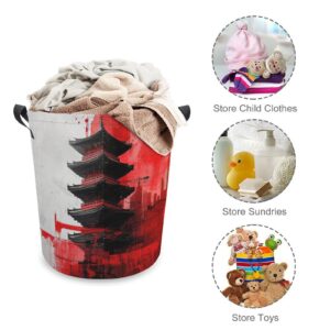 Japanese Laundry Basket, Nature Landscape Collapsible Laundry Hamper, Waterproof Oxford Cloth Laundry Bag with Handles, Pavilion Clothes Toy Organizer Basket for Room