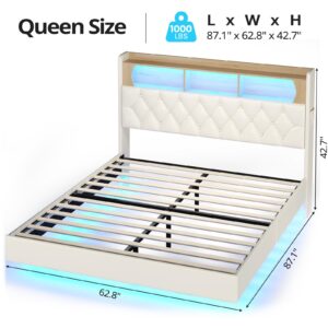 BTHFST Queen Floating Bed Frame with Storage Headboard & LED Lights & Charing Sation, Upholstered Headboard RGB LED Floating Bed with USB-C/A Charging Station, No Box Spring Needed, PU White