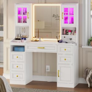 BTHFST White Vanity Desk with Touch Screen Mirror and Lights, Large Makeup Vanity with RGB Light Cabinets & Charging Station, 6 Drawers, 5 Jewelry Hooks, Vanity Table with Lighted Mirror