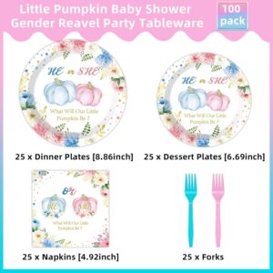 100 Pcs Little Pumpkin Baby Shower Plates and Napkins Fall Gender Reveal Tableware Autumn What will our little pumpkin be Pink or Blue Boy or Girl Baby Shower Birthday Party Decoration Supplies 25